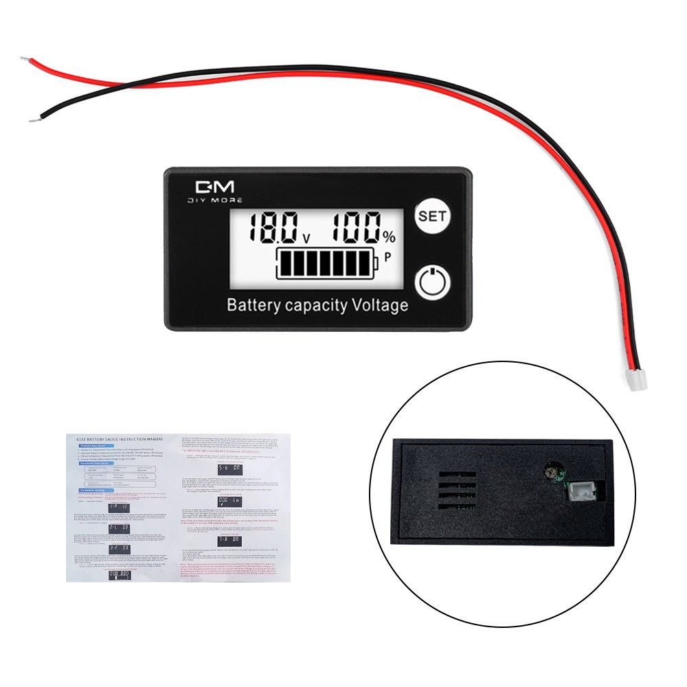 DIYMORE Battery Capacity Monitor 8 to 100v Battery Meter 12v 24v 48v ...