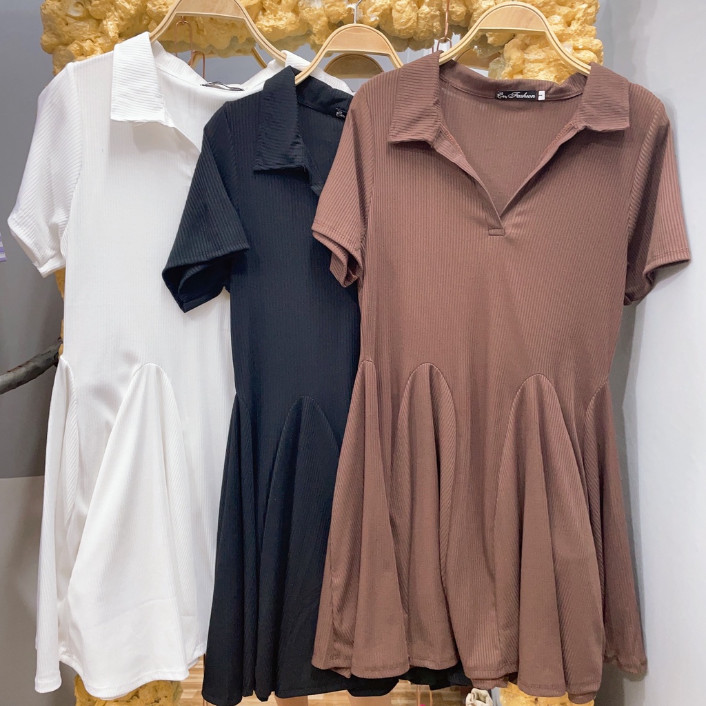 Women's big-size ribbed flared dress with short sleeves and flared ...