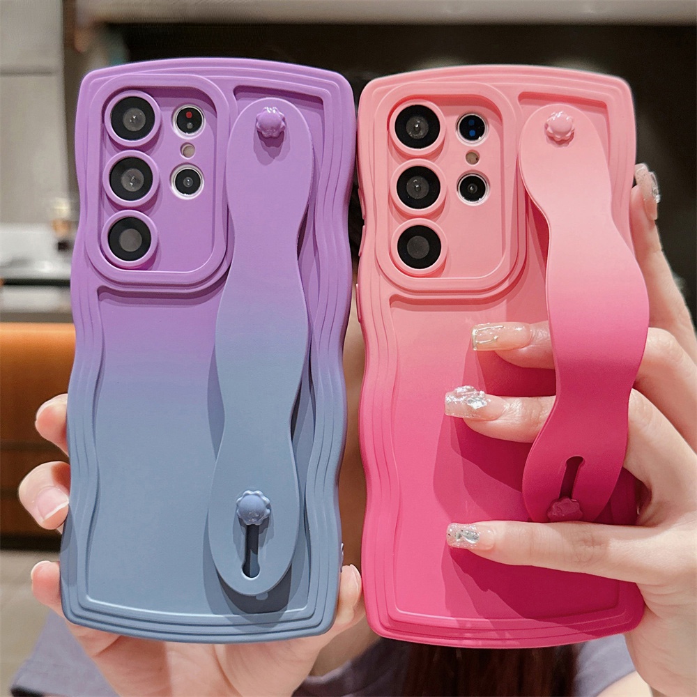 Luxury Wrist Strap Gradient Wavy Edge Phone Case For Samsung Galaxy S23 S22 Ultra S21 S20 FE ...