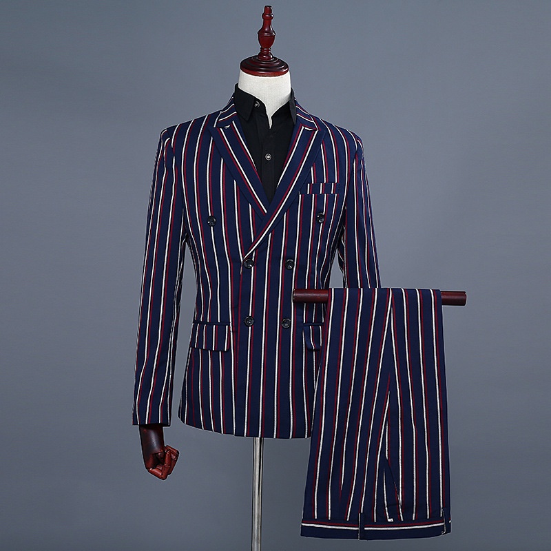 Men Colorful Double Stripes Groom Groomsmen Dress Double-Breasted ...