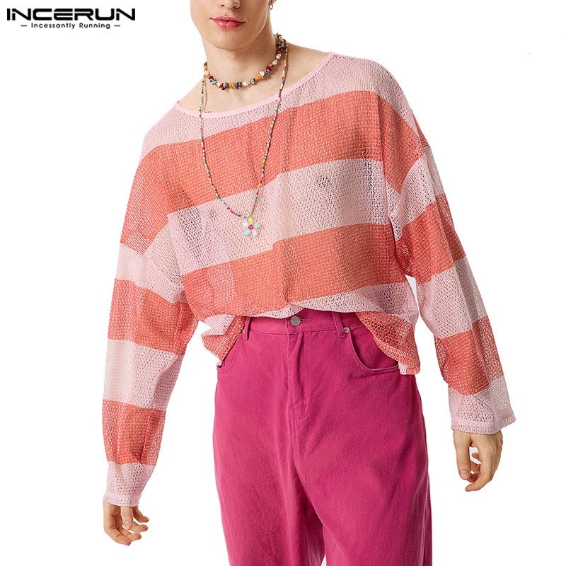 INCERUN Men Vintage Mesh Knit Wide Horizontal Stripes Drop Shoulder ...
