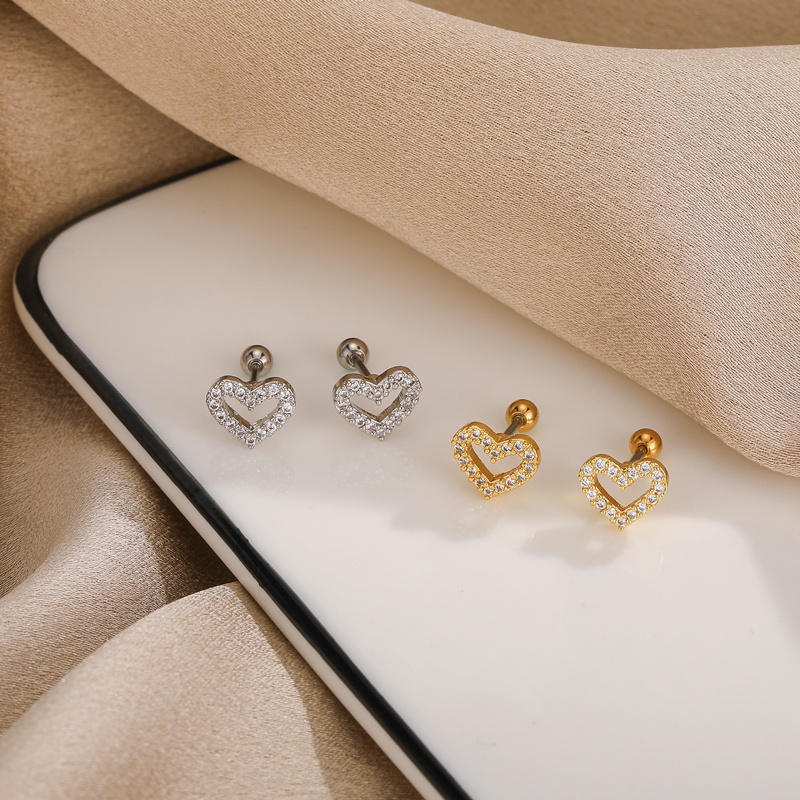 1pair Love Zircon Stud Helix Earring Simple Piercing Earring Set Hikaw ...