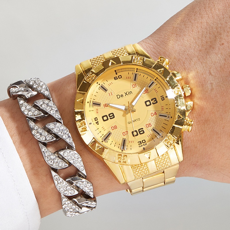 【Watch + bracelet】Luxury Gold Wacthes Mens Waterproof Stainless Steel ...