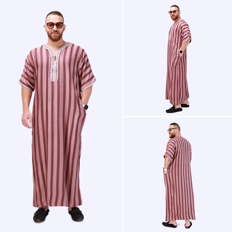 New Muslim Robes Men Jubba Thobe Stripes Short Sleeve Islamic ...
