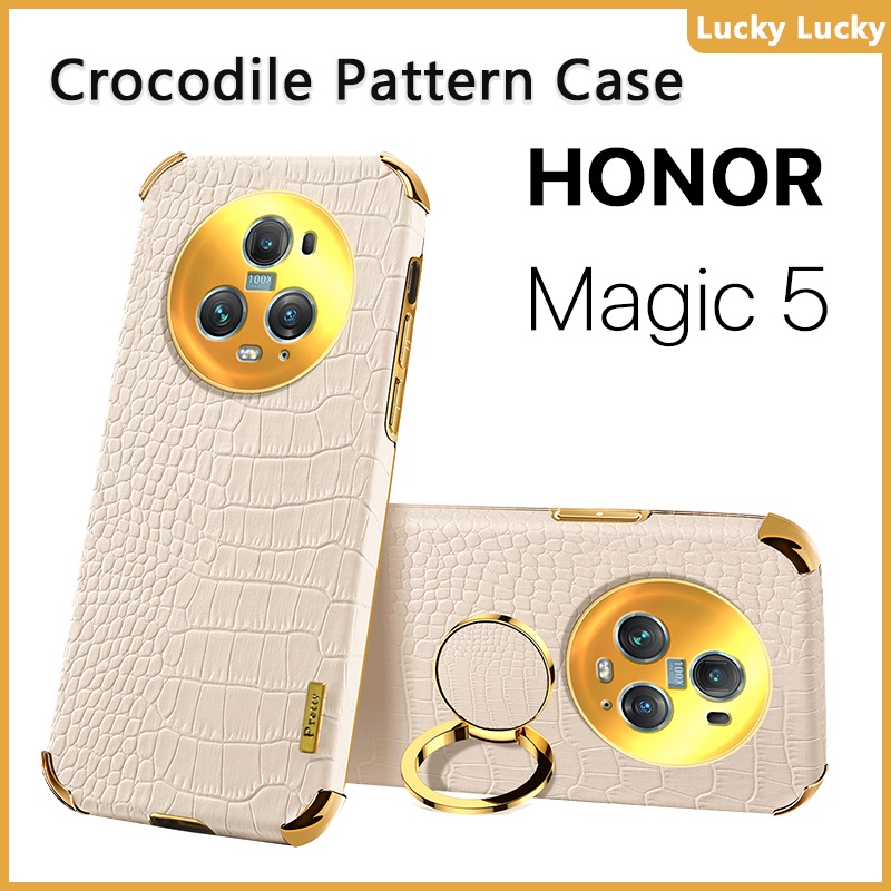 Leather HONOR Magic 5 Pro Case 4 Pro 3 Pro Soft Shockproof Crocodile Pattern Finger Ring Stand ...