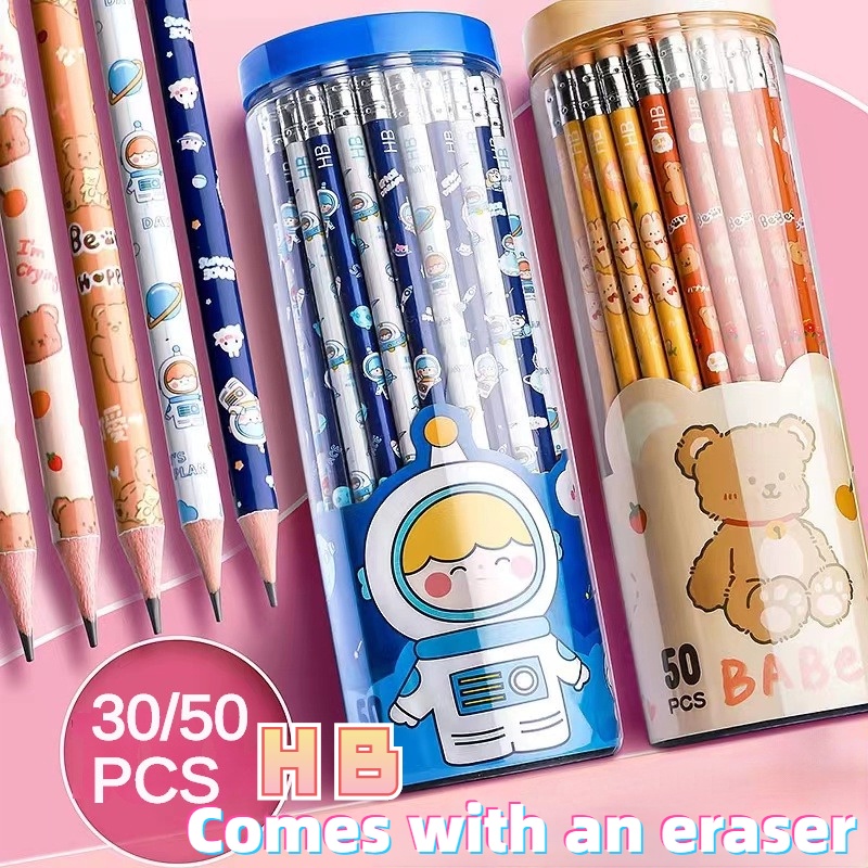 50PCS Pencil Office Sketch Pencil Stationery With Eraser Cartoon ...