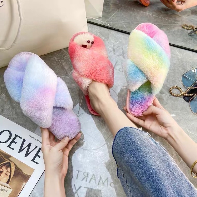 Colorful Cross Home Opening Plush Slippers Women's Indoor Home Floor ...