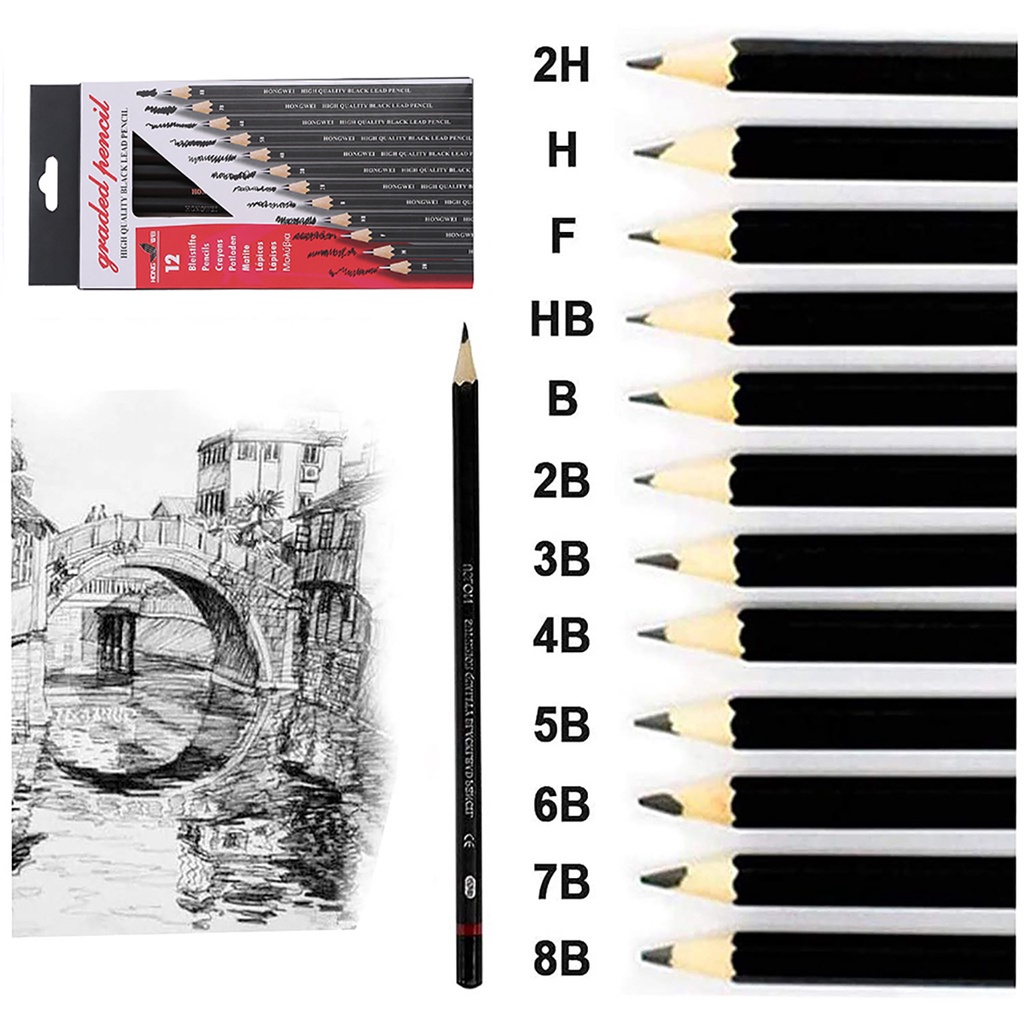 12pcs Wooden pencils 2H-14B Professional drawing Graphite pencil 17.5 x ...