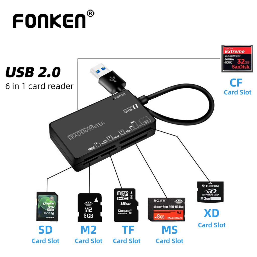 Fonken 6 in 1 USB2.0/Type-C Card Reader Multi Function CF M2 MS XD SD ...