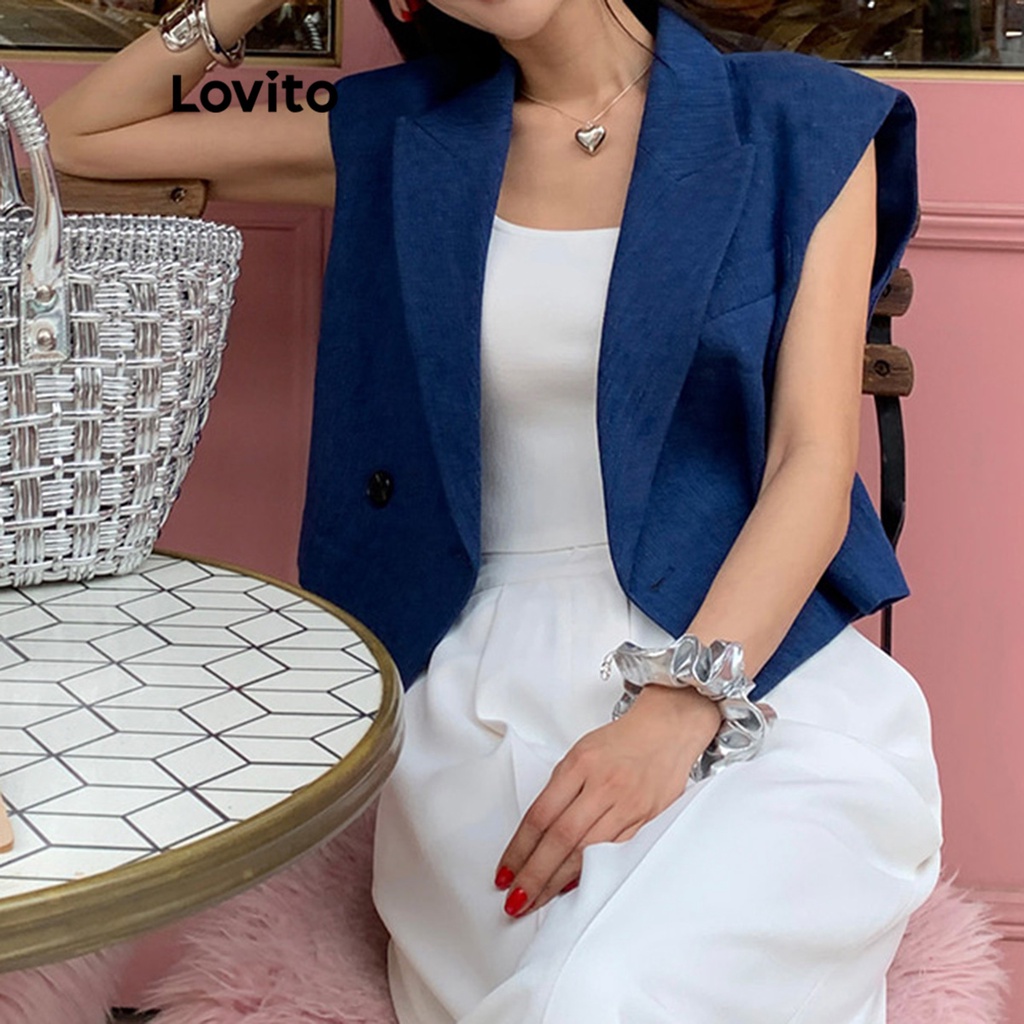 Lovito Women Shoulder Pads Basic Denim Jacket Lne19135 (Blue/Black ...