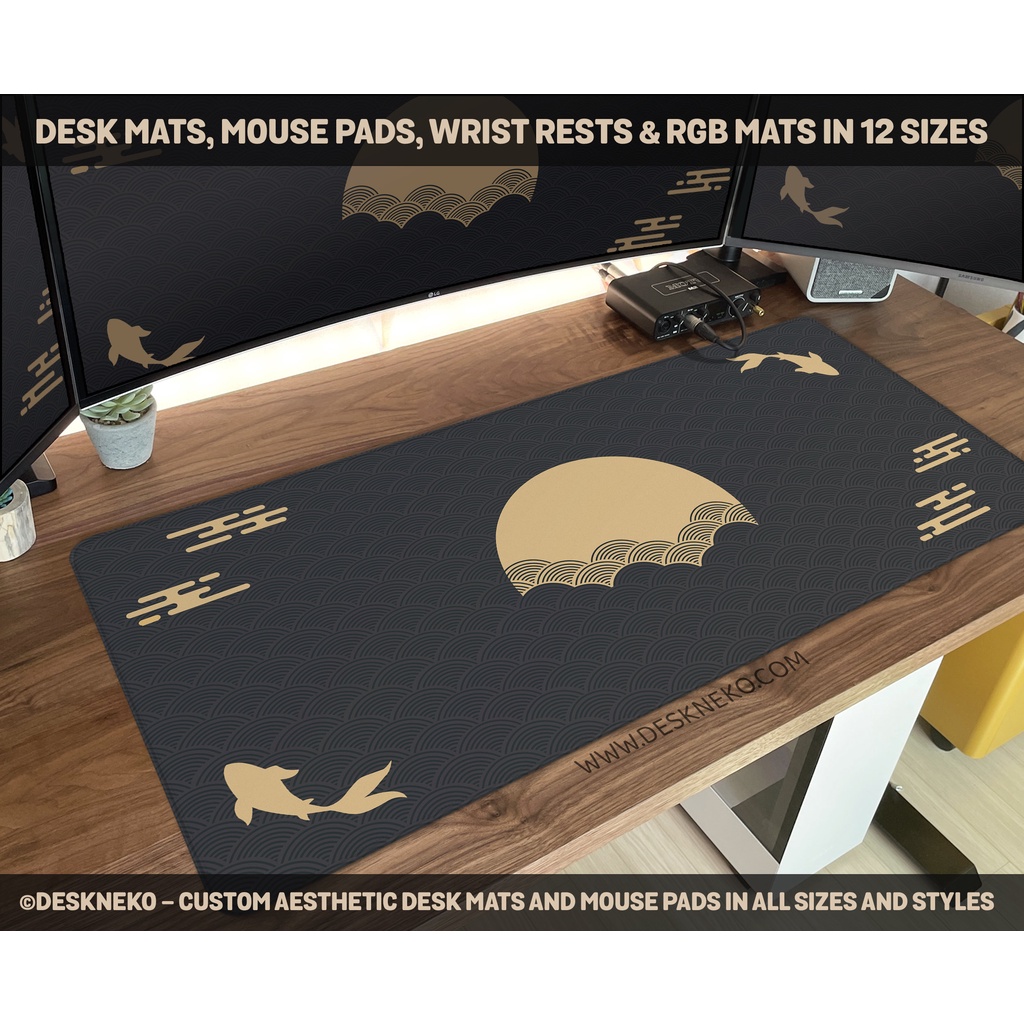 Japanese Desk Mat, Black & Gold Mousepad, Koi fish sun cloud Japan art ...