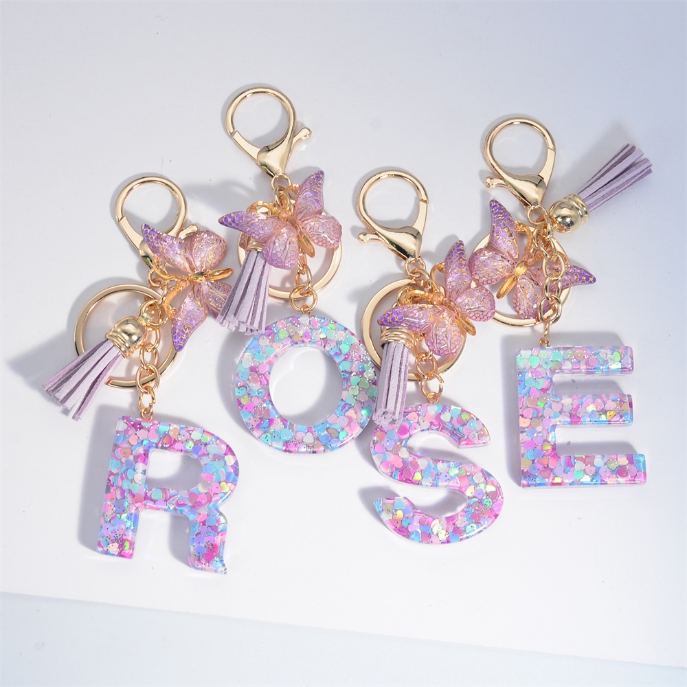 Fashion Acrylic Initial Letter Keychain For Women Purple Sparkle ...
