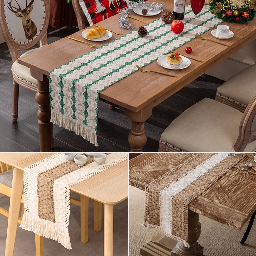 30x180CM Farmhouse Style Woven Table Runner Home Decor Stripe Stitched ...