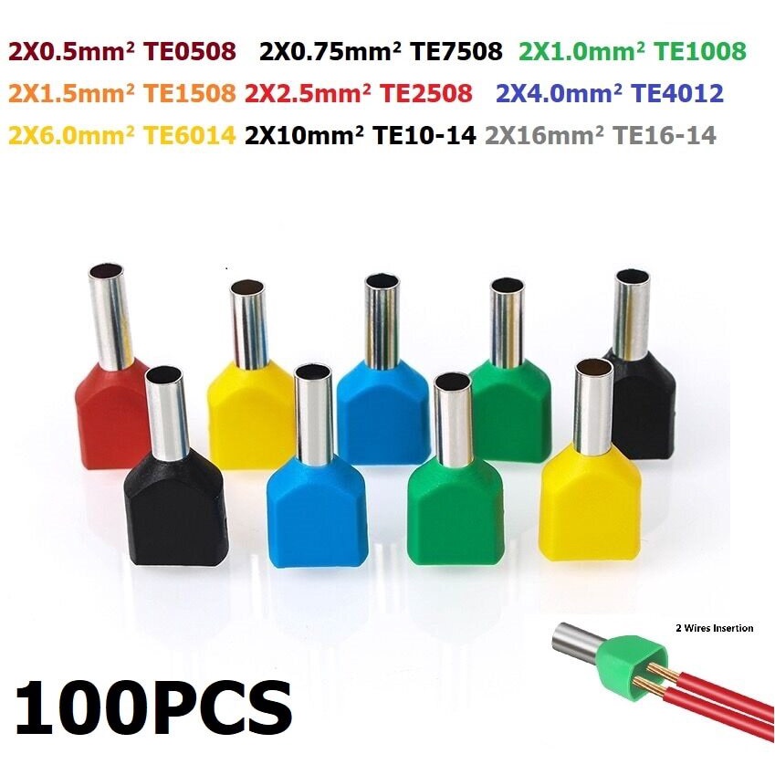 100PCS Dual Wires TE Series Insulated Ferrules Cable Lug Crimp ...