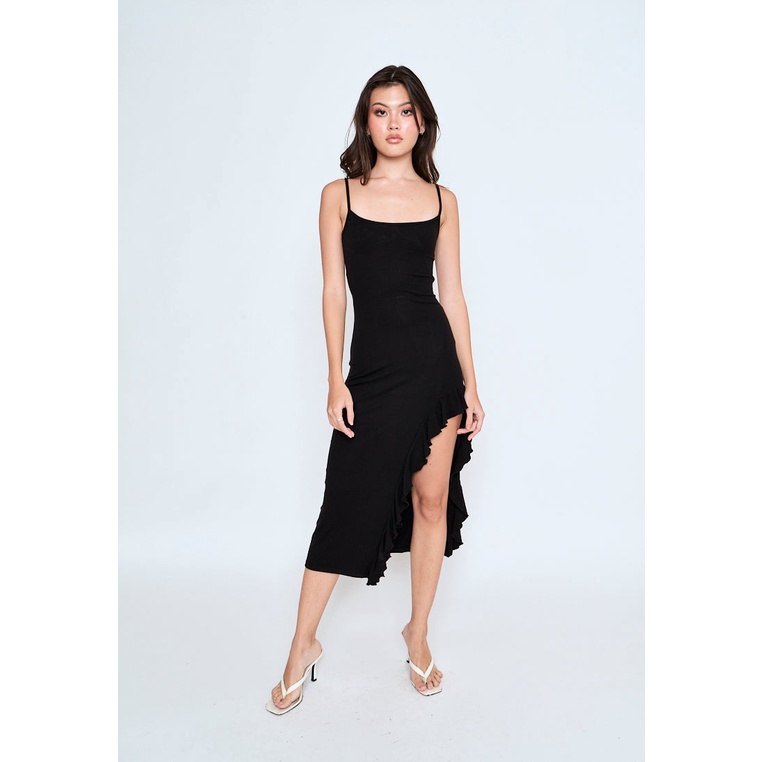 Miciela Black Sleeveless Sexy Back Ruffled Side Slit Midi Dress ...