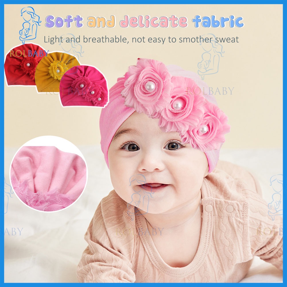 Rolbaby Baby Elastic Flower Pearl Caps baby girl turban baby headwrap ...