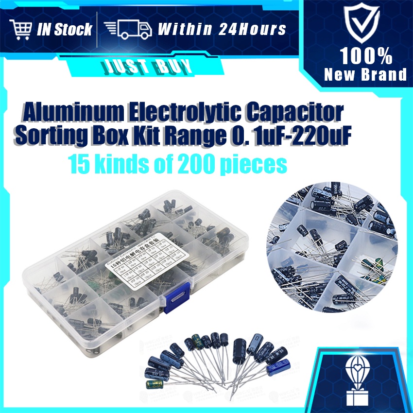 200pcs 15 Values Aluminum Capacitor 0.1uF-200uF In-line Capacitor Set ...
