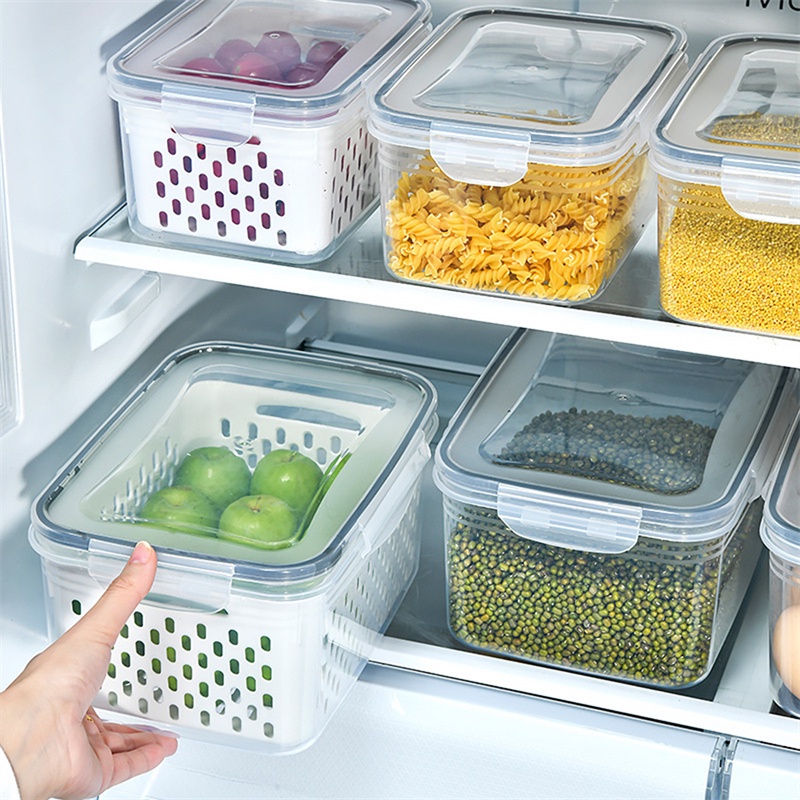 2 Layers Food Storage Container with Drain Basket Kitchen Plastic Fresh ...