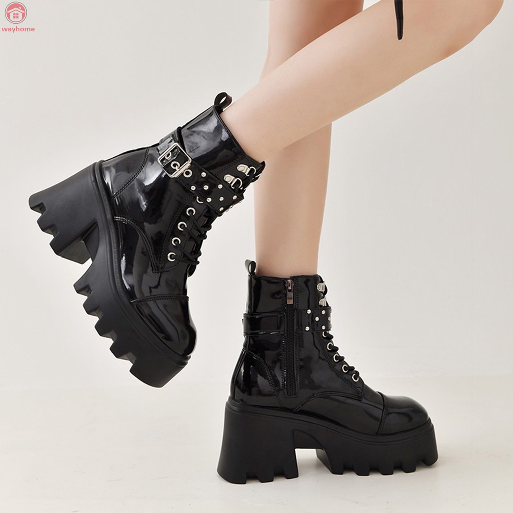 Women's Belt Buckle Ankle Boots with Round-toe Heightened Thick Sole ...