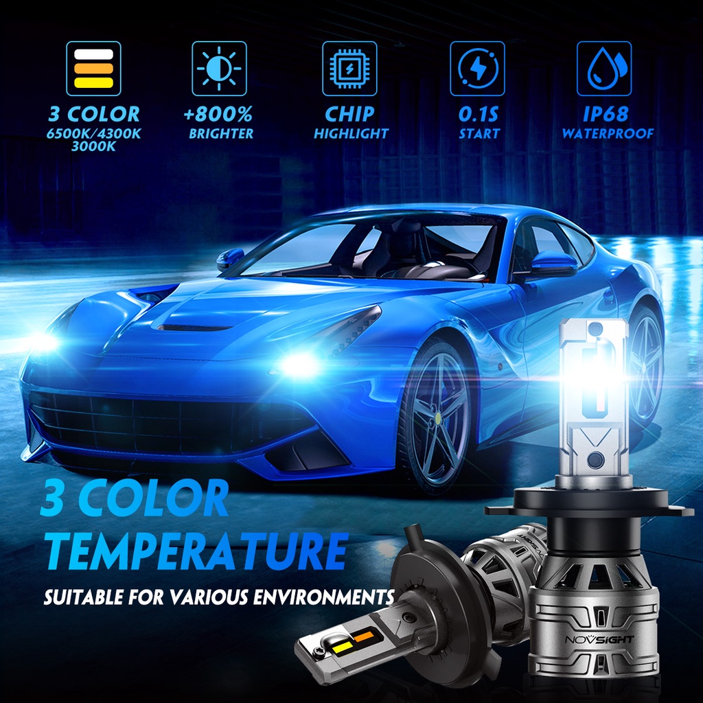 NOVSIGHT H4 H7 H11 LED Headlights 3 Colors Switchable 60W 13000LM High ...