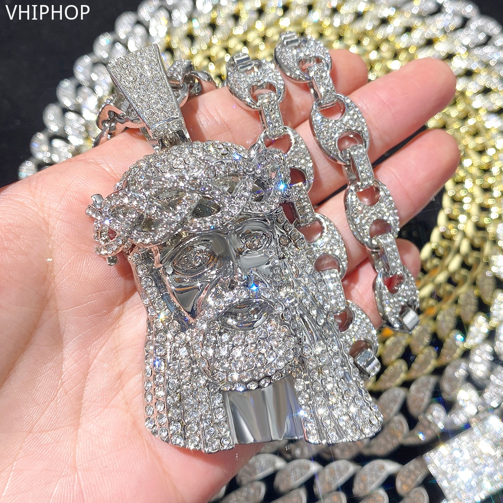 Hip Hop Jesus Pendant Cuban Chain Necklace Men Ice Out Paved Full ...