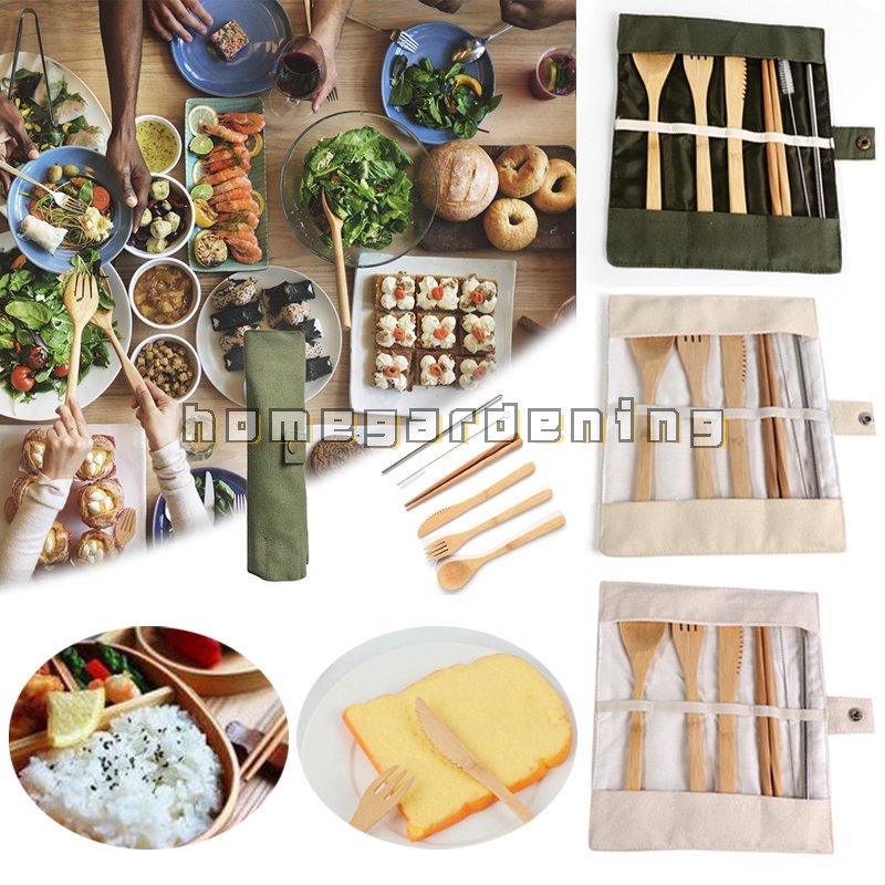 7pcs Wooden Utensils Bamboo Travel Cutlery Reusable Utensils with Pouch ...