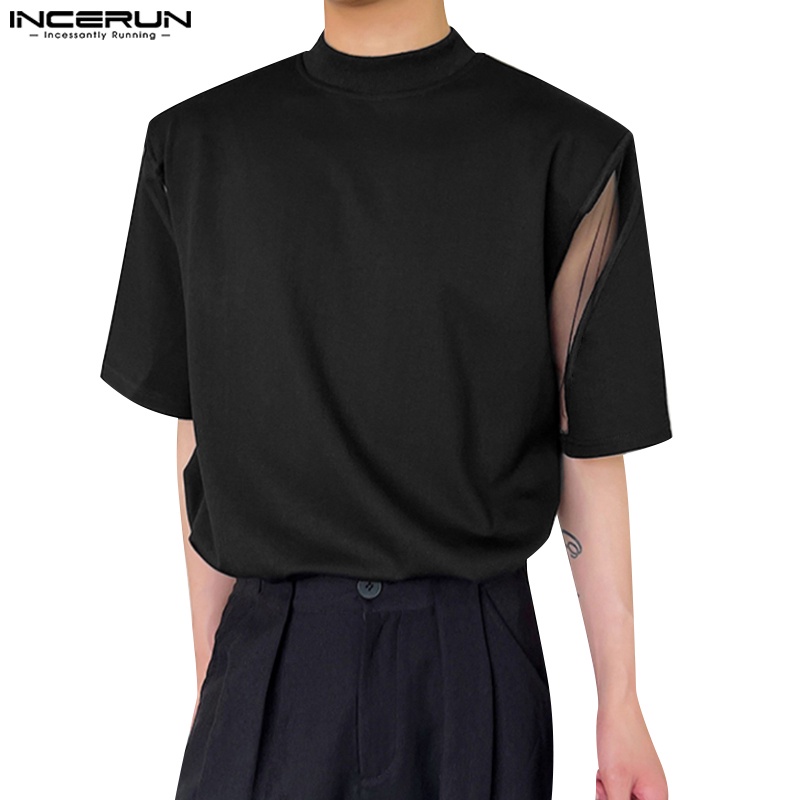 INCERUN Men Korean Shoulder Padded Mesh Patchwork Round Neck Short ...
