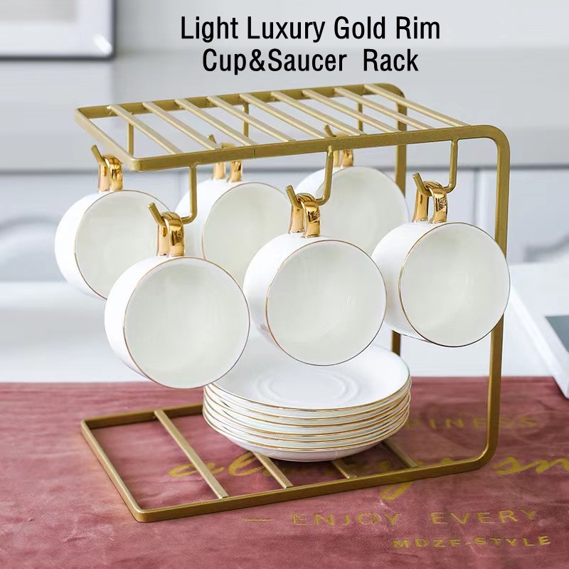 Light Luxury Gold Rim Cup And Saucer Display Rack With Hooks With ...