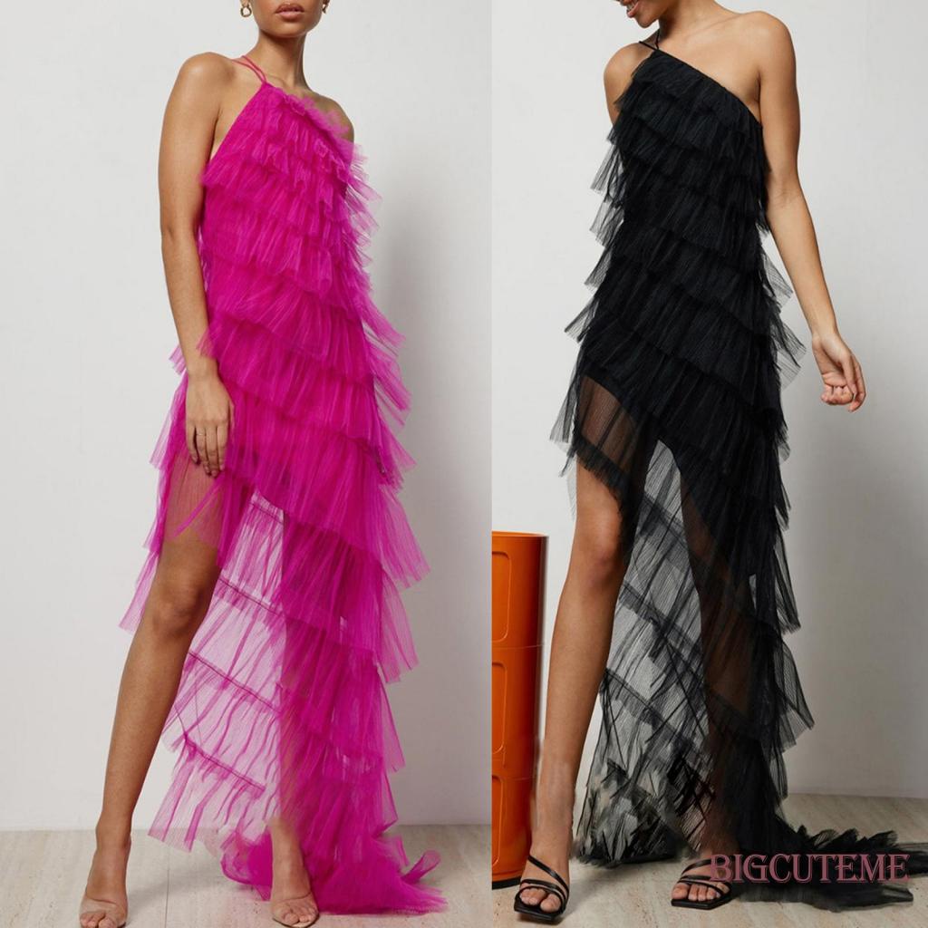 []-Women Sleeveless Dress Summer Backless Layered Ruffle Party Mesh ...