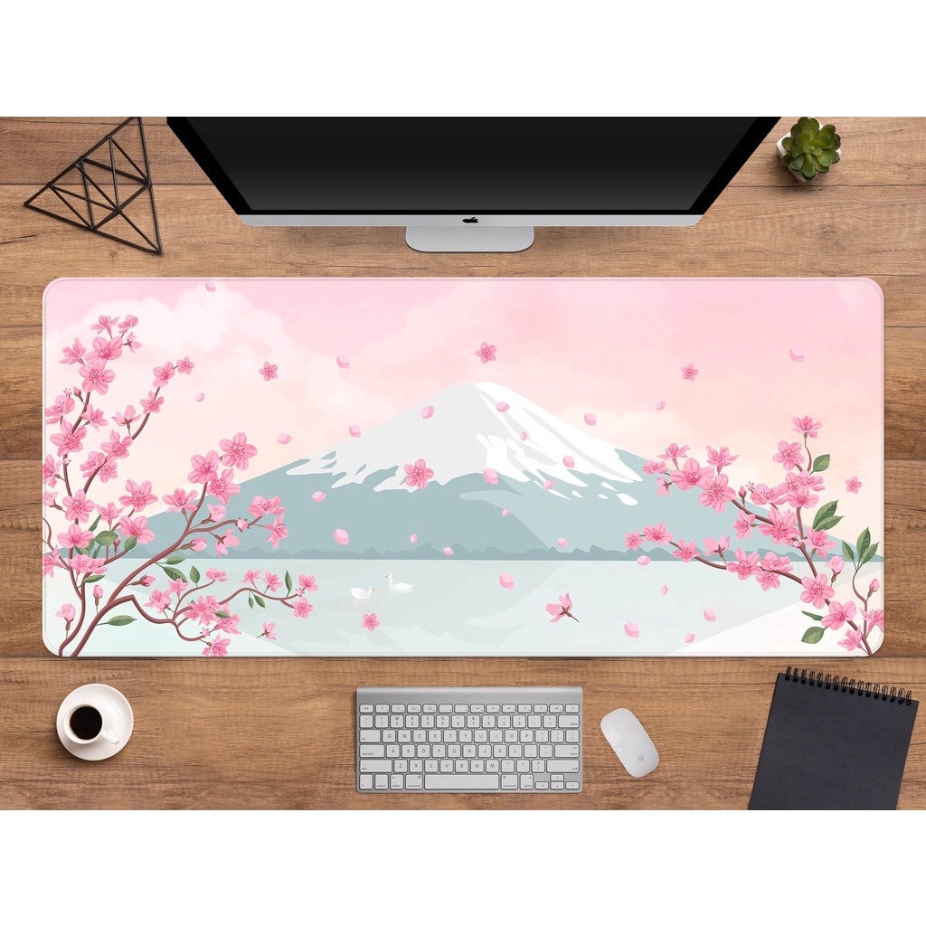 Fuji Cherry Blossom desk mat, Japanese mouse pad cute, minimal kawaii ...