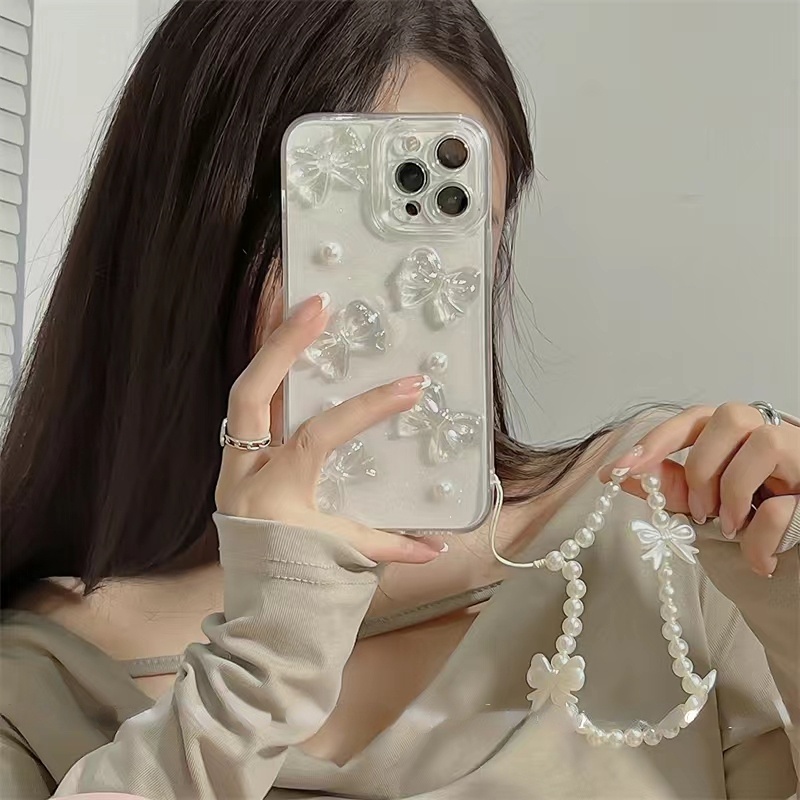 INS 3D Pearl Bow Knot Glitter Clear Phone Case Compatible for IPhone 15 ...