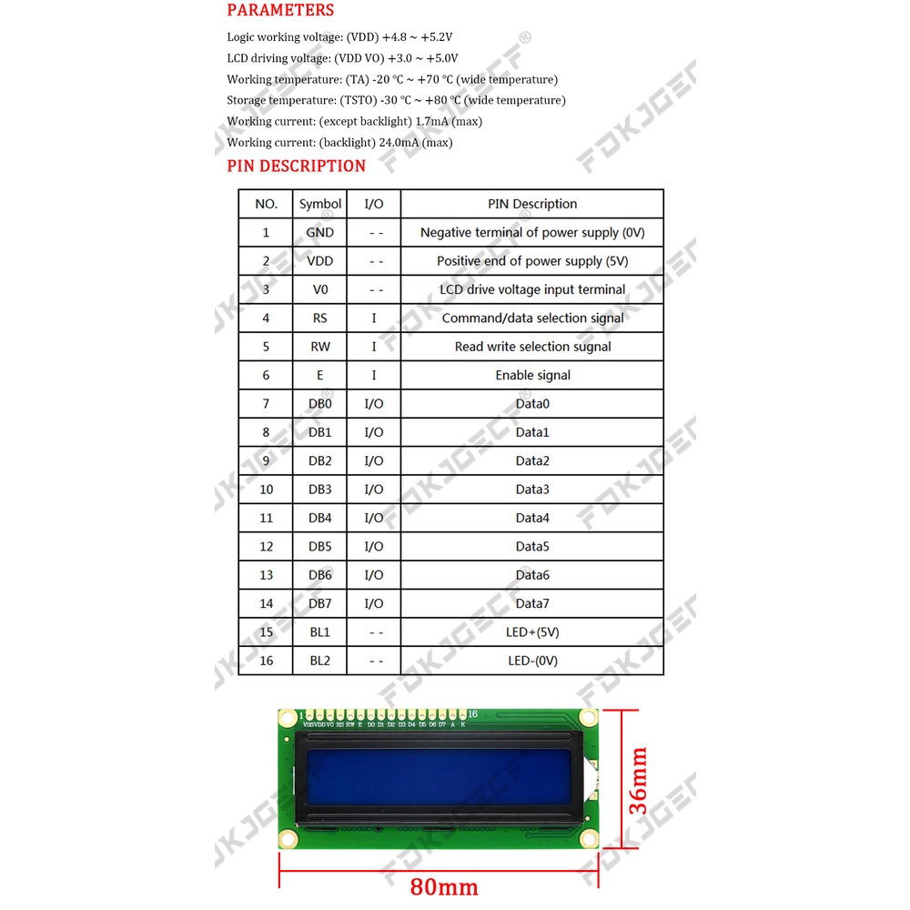 LCD1602 5V 1602 module Blue/Green screen 16x2 Character LCD Display ...