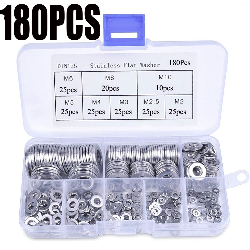 180pcs M2 M2.5 M3 M4 M5 M6 M8 M10 Stainless Steel Flat Washer Plain ...