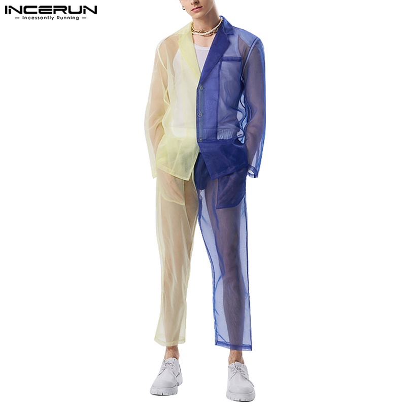 INCERUN Mesh Contrast Panel Suit+Pants Casual Set | Shopee Philippines