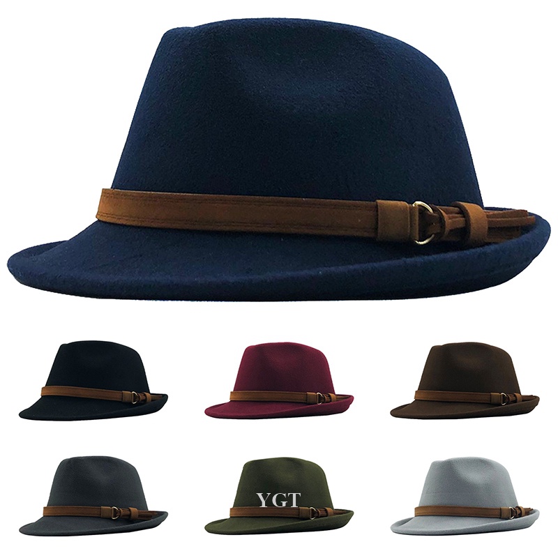 YGT Imitation Cowboy Badge Belt Top Hat Fedora Hat For Women Men Wool ...
