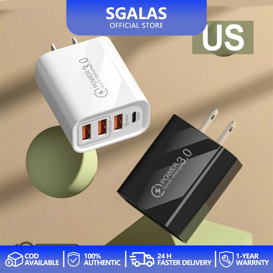 SGALAS PD20W 3USB+PD Fast Charger Adapter Universal USB Qualcomm3.0 Port /PD Type-C Port ...
