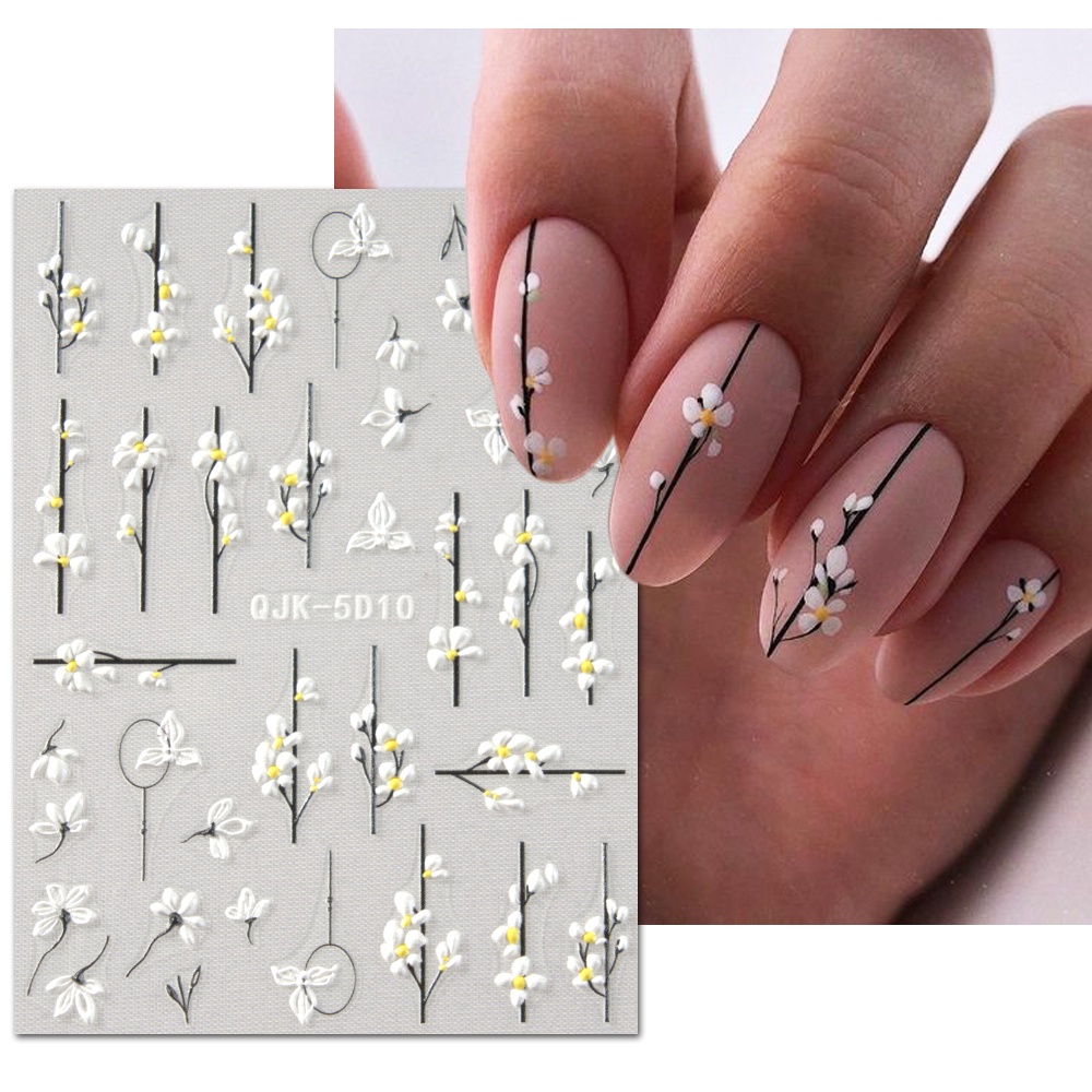 HAMA NAIL 5D Embossed Summer Nail Art Sticker Spring Flowers Nail ...