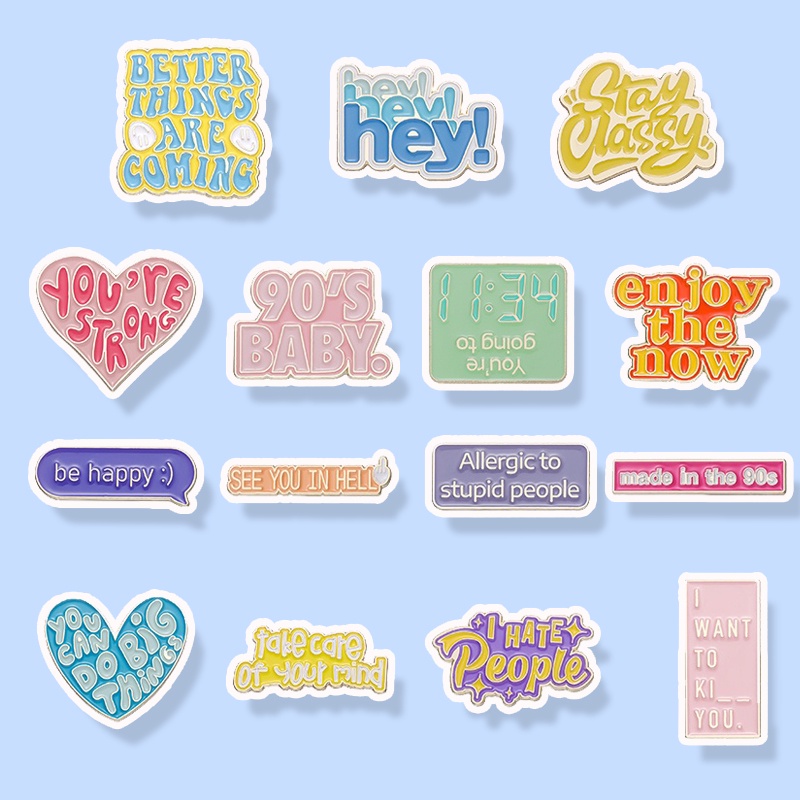 16 Styles Creative Personality Slogan Enamel Lapel Pin Colorful Text ...