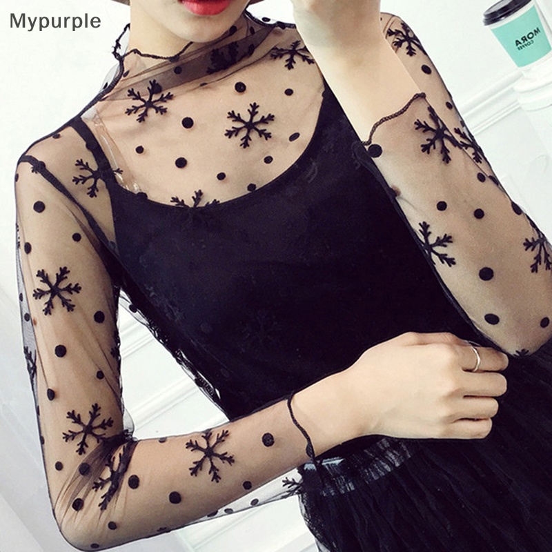 Mypurple Women Lace Floral Transparent Mesh Sheer Blouses See-Through ...
