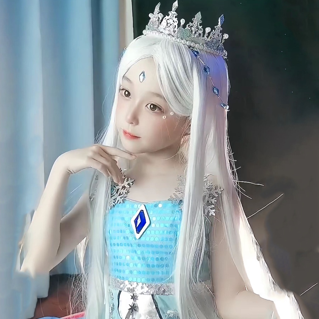 Children Wig Female cos Ice Princess Long Straight Hair Pure White Leaf ...