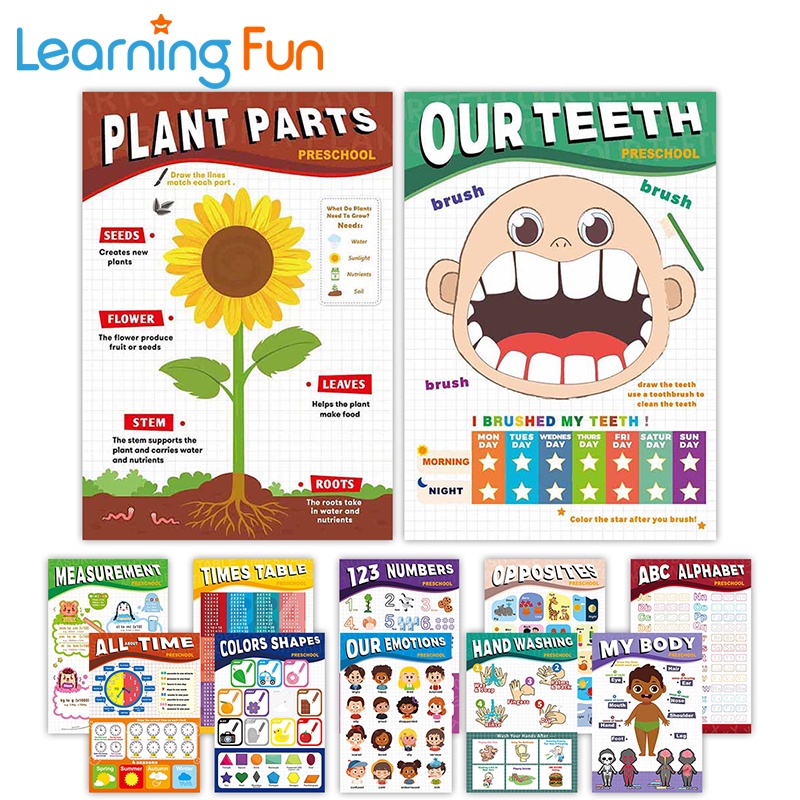 12Pcs Educational Posters for Kids Baby Learning Alphabet Number Shapes ...