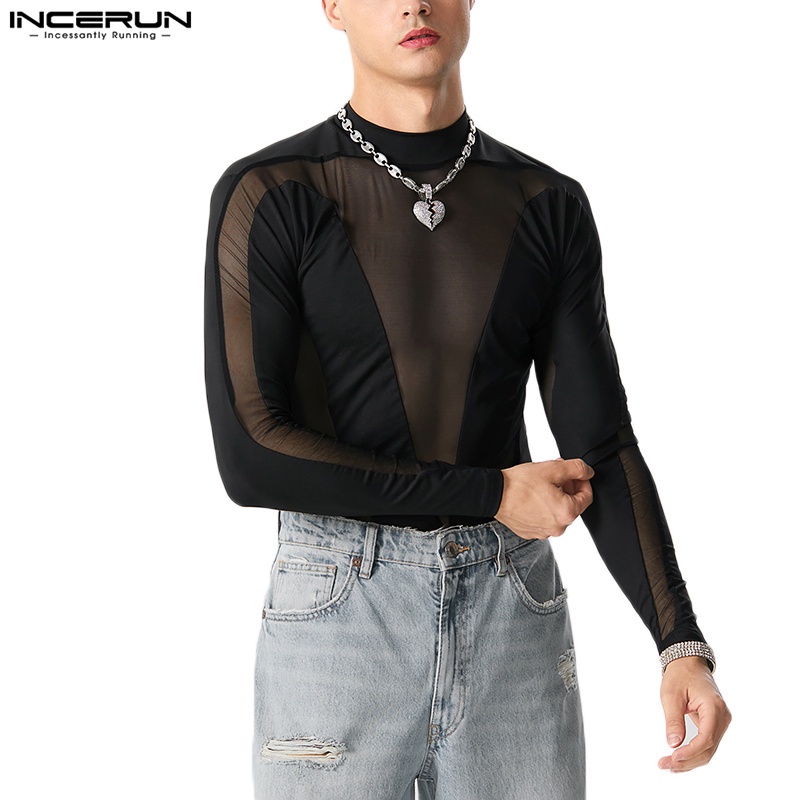 INCERUN Men Sexy Style Fashion Round Neck Mesh Splicing Solid Color ...