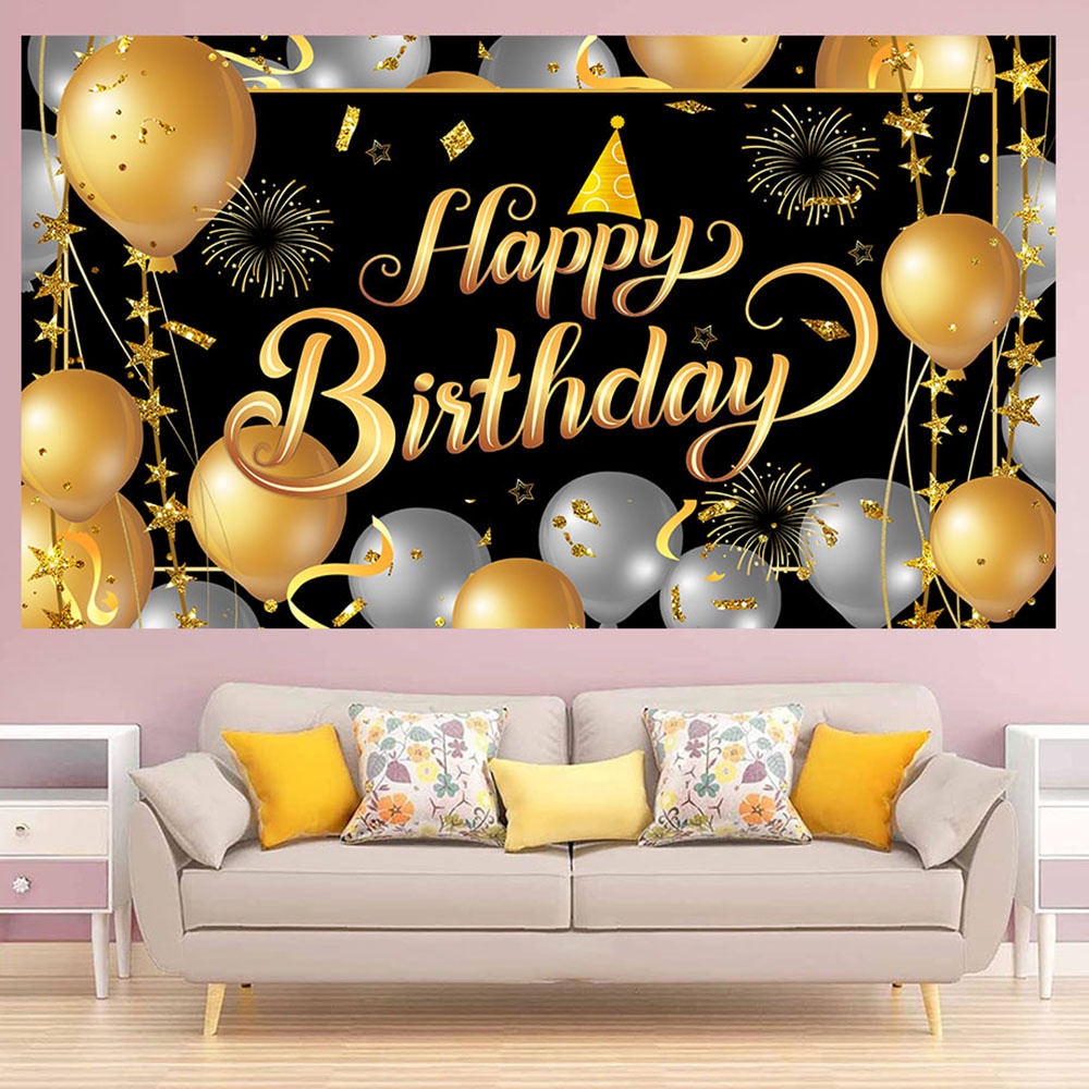 Black Gold Glitter Happy Birthday Party Backdrops Banner Balloons Adult Theme Party Decoration ...