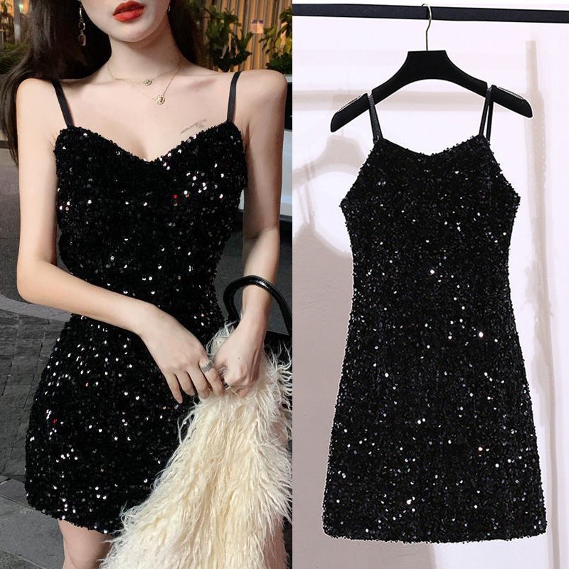Sequined Sling Dress Little Black Dress Nightclub Black Slimmer Look ...