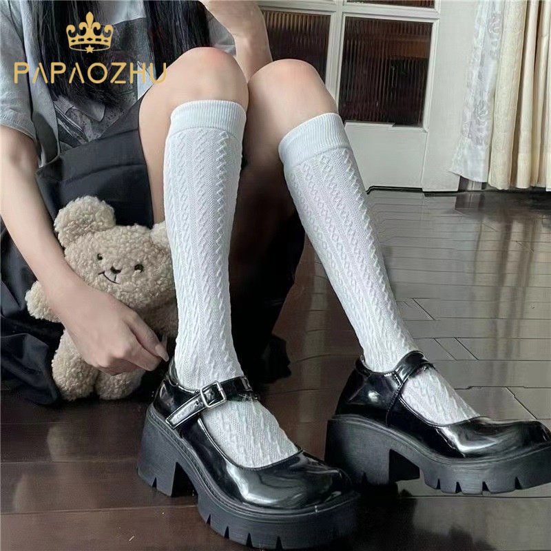 PAPAOZHU Retro Preppy Style Black White Lace Cotton Knee High Socks for ...