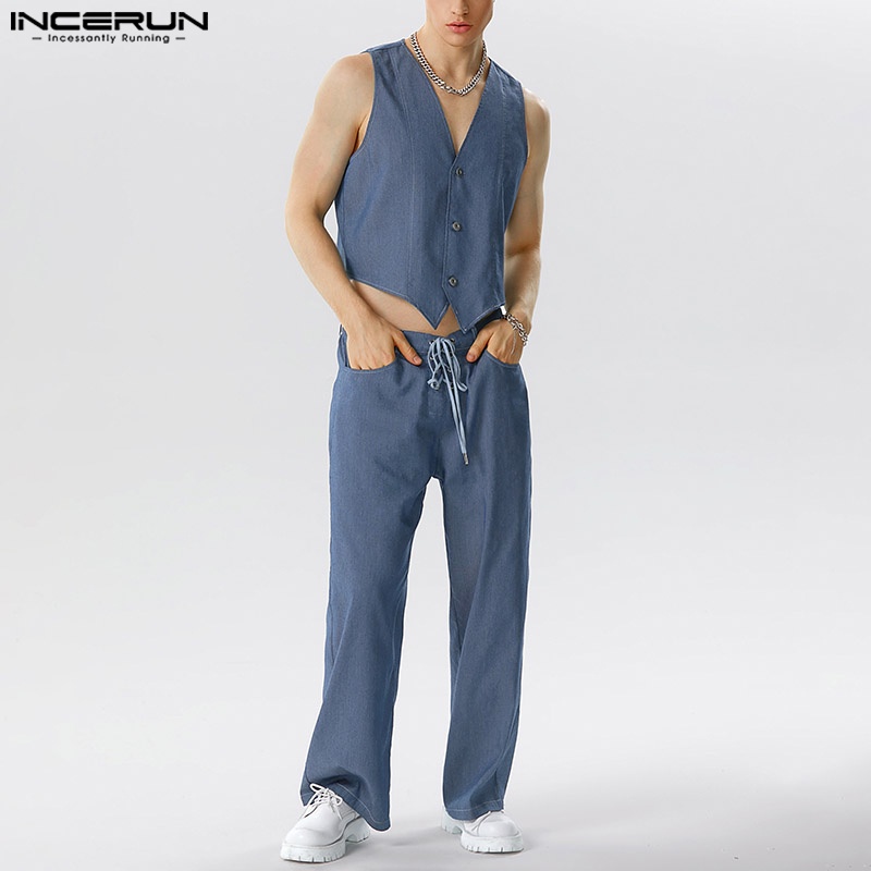 INCERUN Men Vintage Sleeveless V-Neck Vest Elastic Waist Pants Casual ...