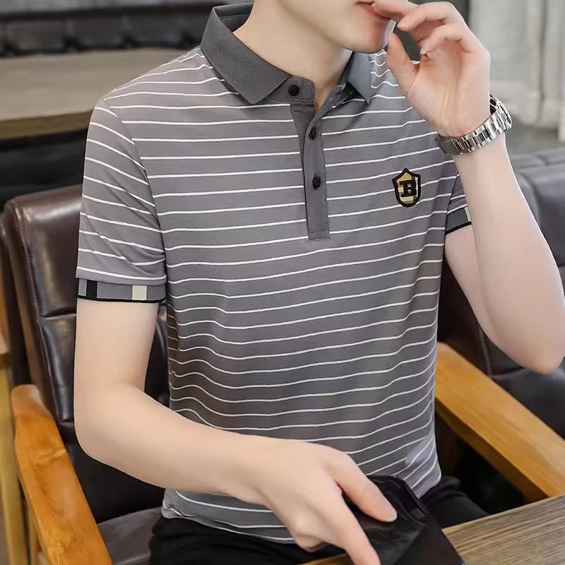 Men New Summer Embroidery Ice Stripe Clothes Polo Shirt With Short ...
