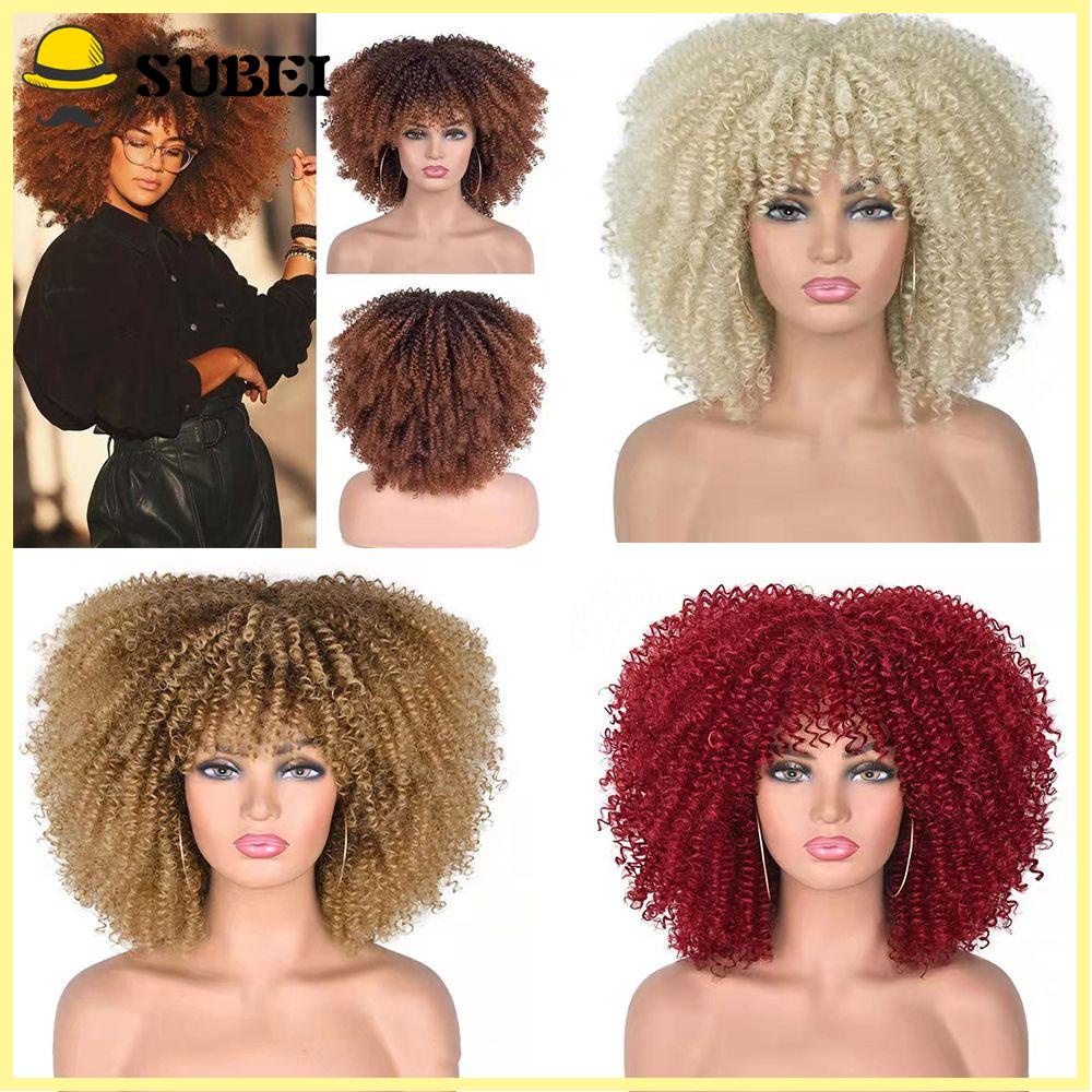 SUBEI Short African Wig Mixed Brown Blonde Curly Wigs Synthetic Head ...