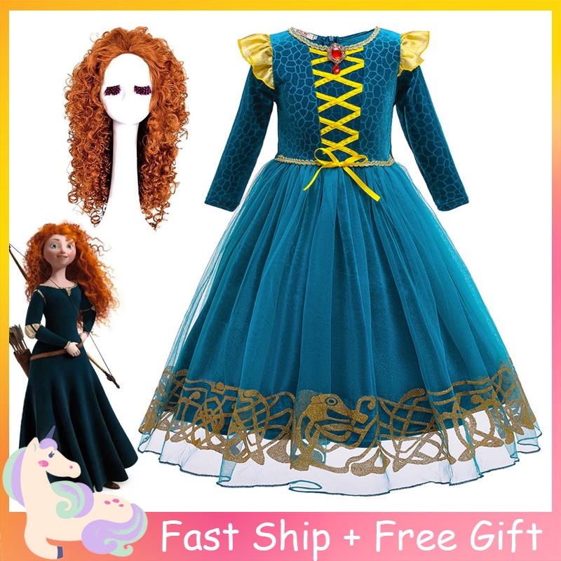 Princess Merida Brave Long Sleeve Green Dress For Kids Girl Cosplay ...