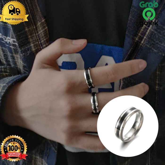 HITAM Korean C70 Stainless Steel Titanium Black List Silver Men's Ring ...